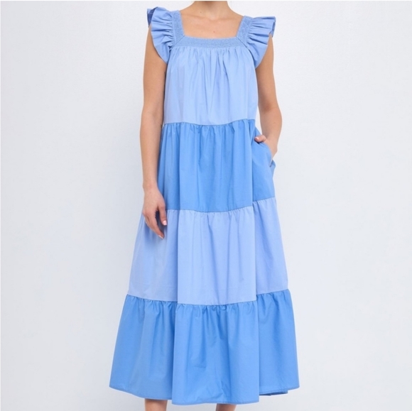 English Factory | Dresses | English Factory Blue Tiered Ruffle Shoulder ...